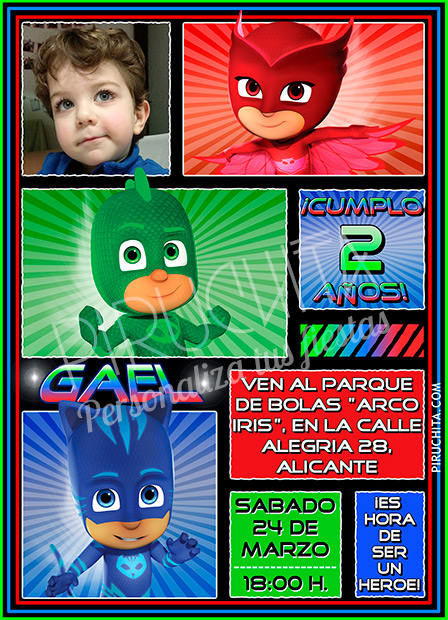 Invitación cumpleaños PJ Masks #02 con Foto | Digital Imprimible Piruchita